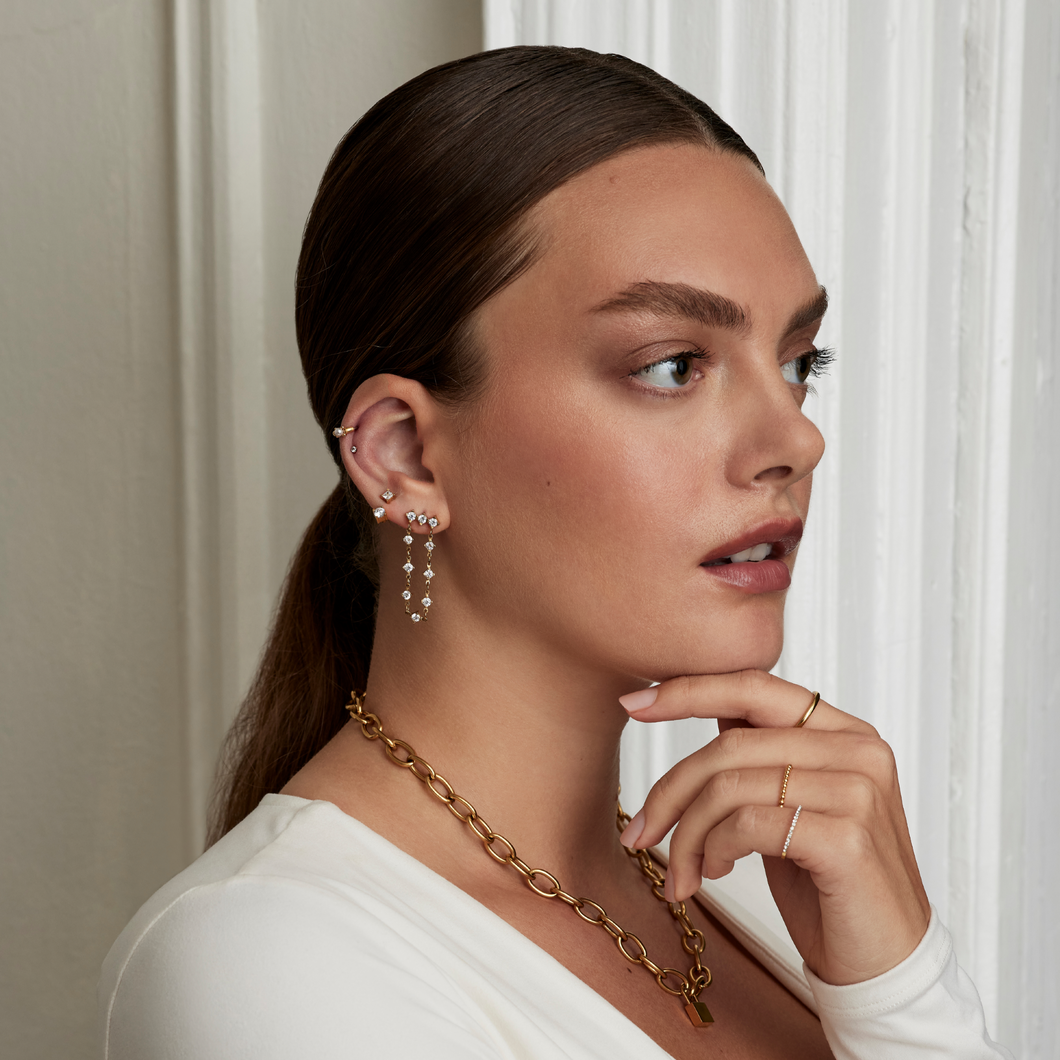 Skin Friendly Prong Set Crystal Drop Chain Titanium Stud Earrings