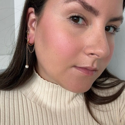 Titanium Huggie Hoop Earrings with Pearl Chain Drop Extension