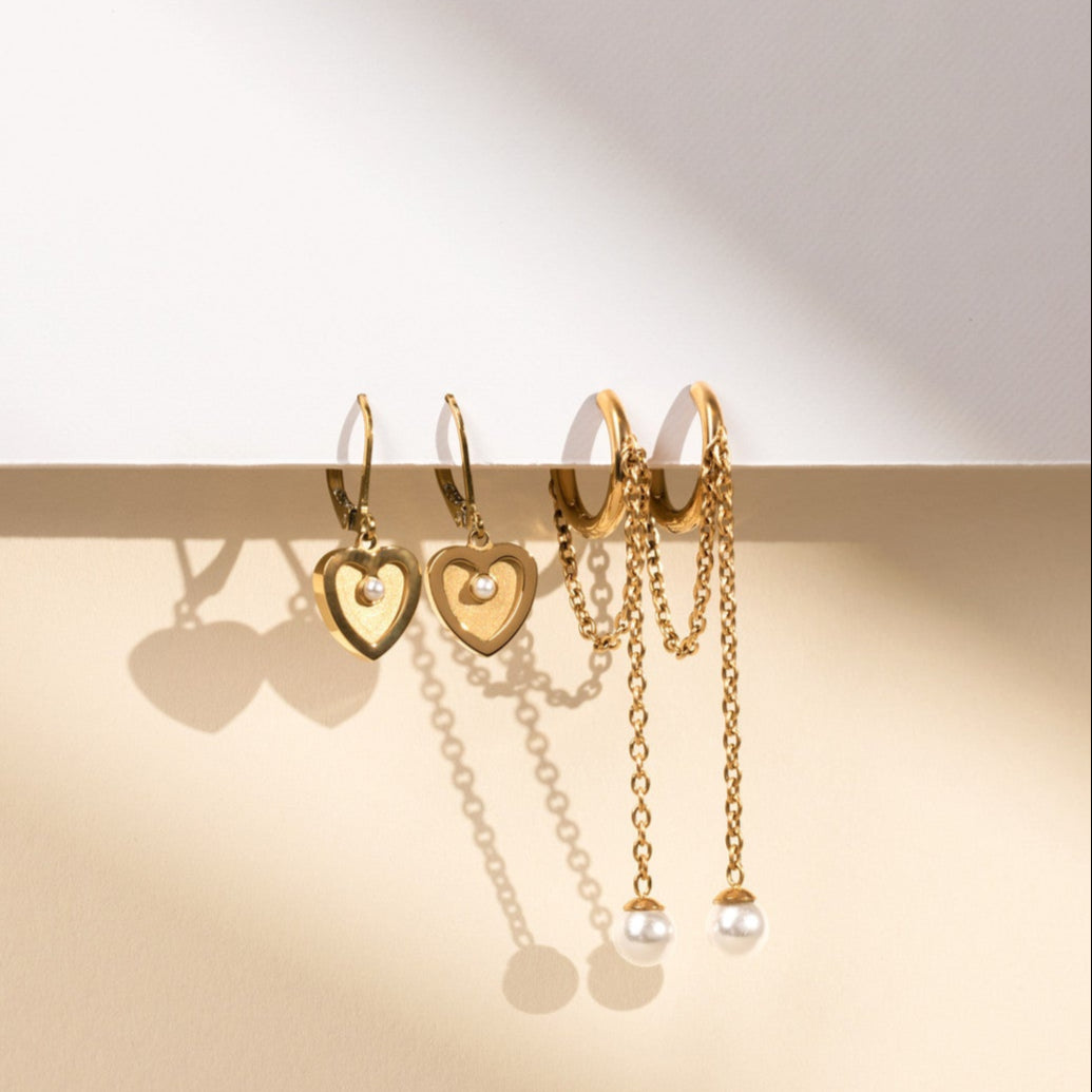 Titanium Huggie Hoop Earrings with Pearl Chain Drop Extension