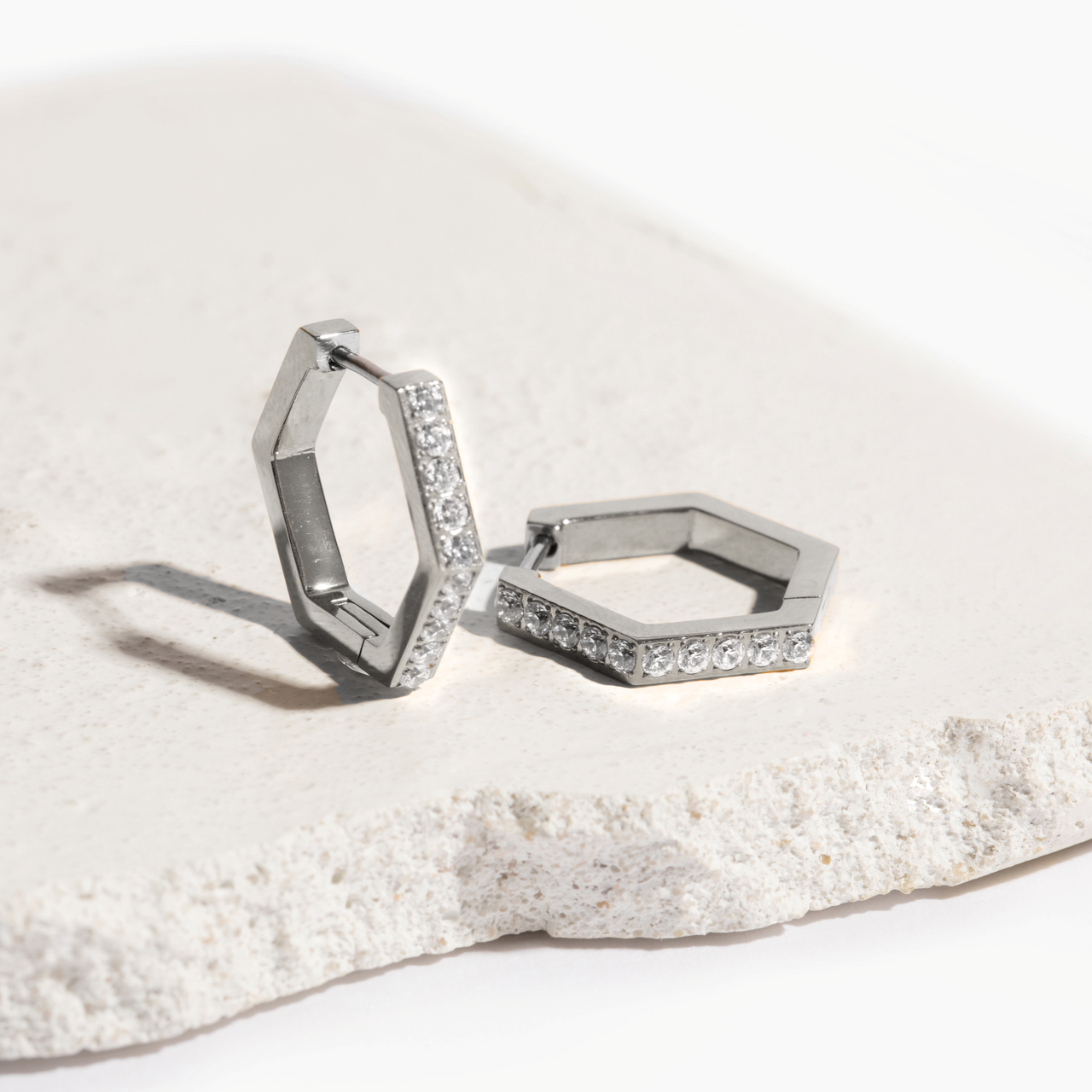 Titanium Hexagon Shaped Hoop Earrings with Pavé Crystals | Tini Lux